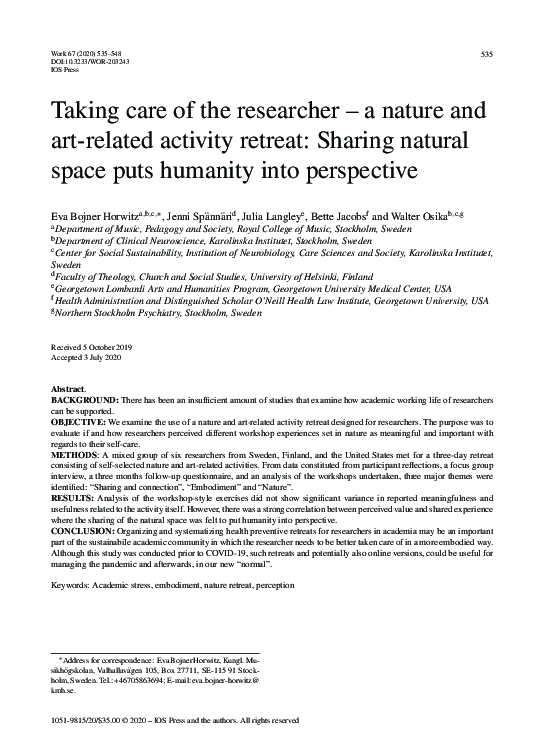 (PDF) Taking care of the researcher –a nature and art-related activity ...