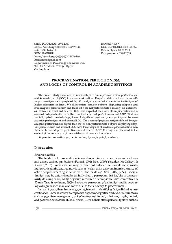 (PDF) Procrastination, perfectionism, and locus-of-control in academic settings