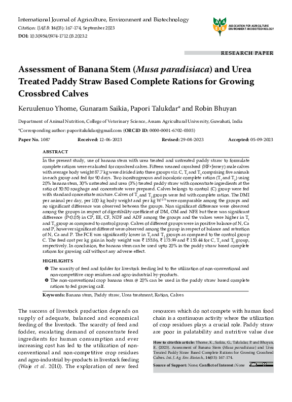 (PDF) Assessment of Banana Stem (Musa paradisiaca) and Urea Treated Paddy Straw Based Complete ...