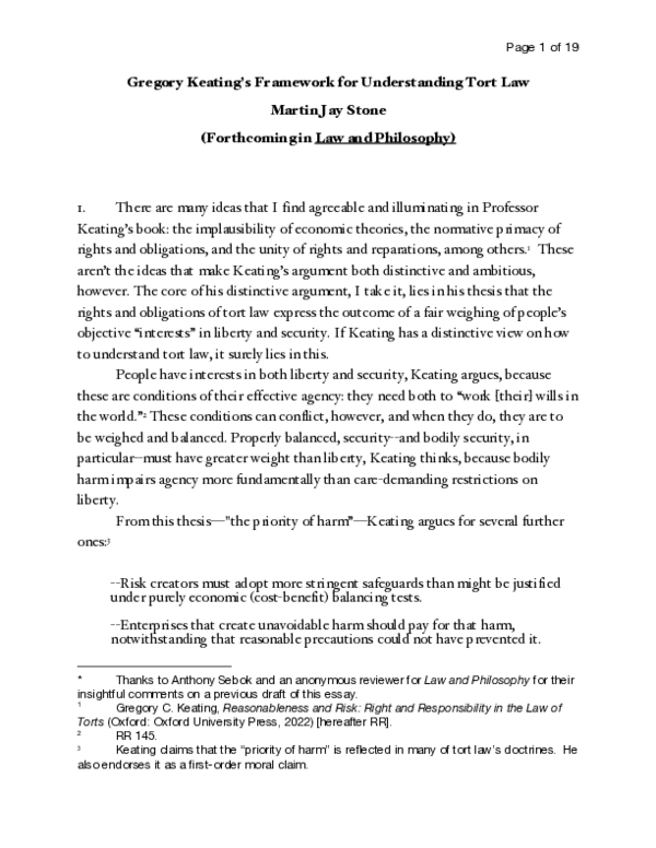 (PDF) Gregory Keating's Framework for Understanding Tort Law