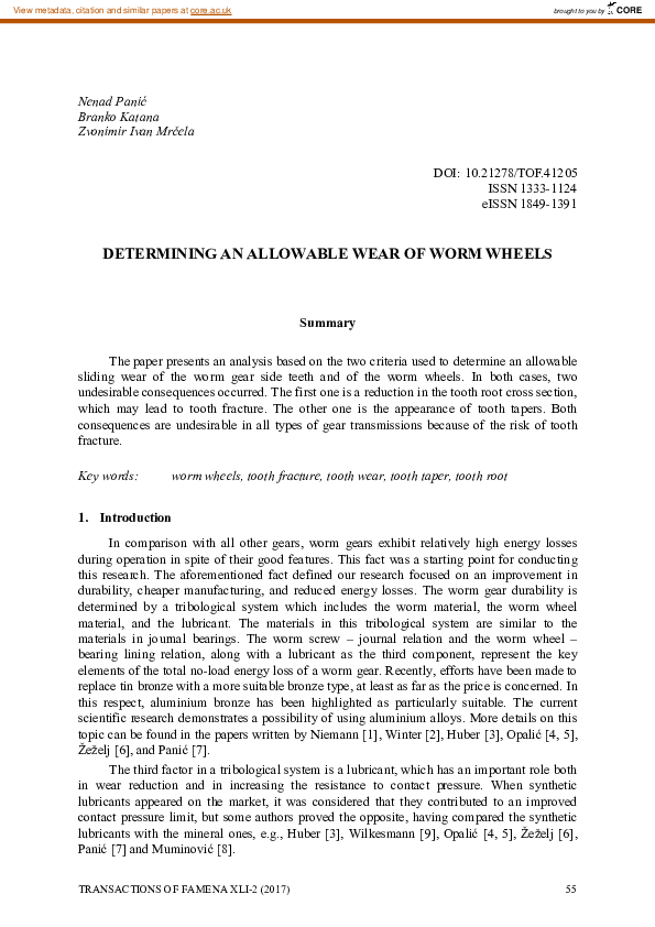 (PDF) Determining an Allowable Wear of Worm Wheels