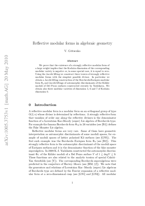(PDF) Reflective modular forms in algebraic geometry
