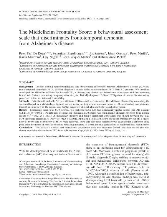 (PDF) The Middelheim Frontality Score: a behavioural assessment scale ...