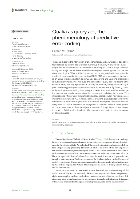 (PDF) Qualia as query act, the phenomenology of predictive error coding