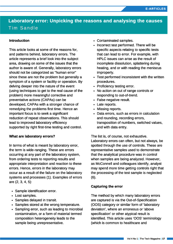(PDF) Laboratory error: Unpicking the reasons and analysing the causes