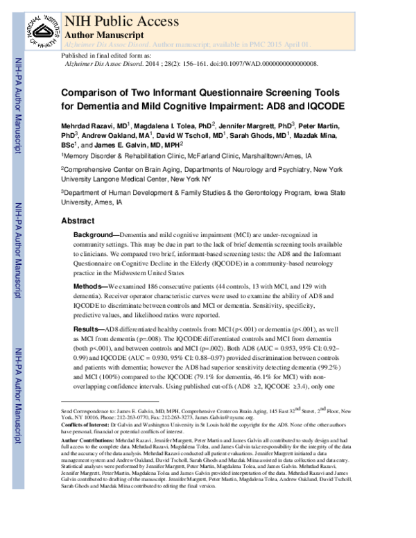 (PDF) Comparison of 2 Informant Questionnaire Screening Tools for ...