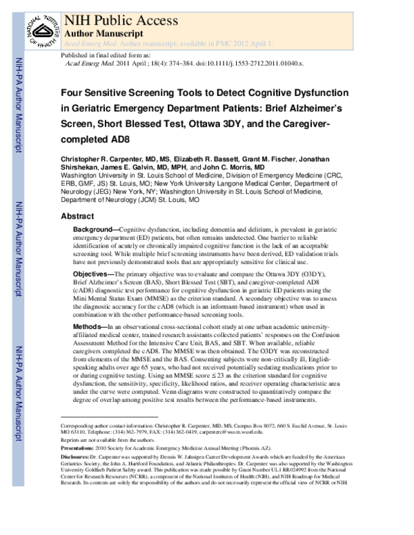 (PDF) Four Sensitive Screening Tools to Detect Cognitive Dysfunction in ...