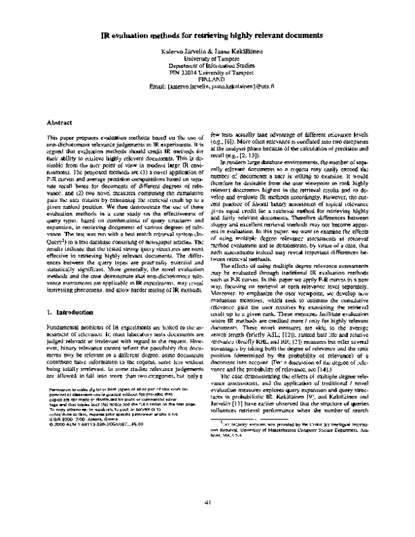 (PDF) IR evaluation methods for retrieving highly relevant documents