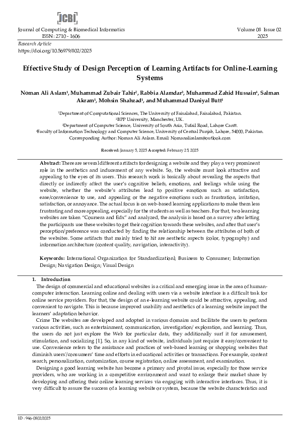 (PDF) Effective Study of Design Perception of Learning Artifacts for Online-Learning Systems