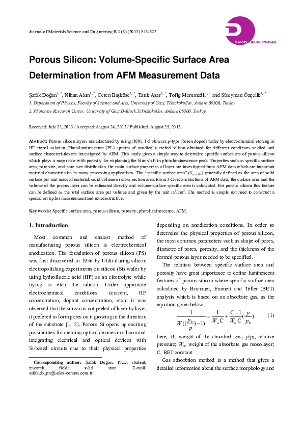(PDF) Porous Silicon: Volume-Specific Surface Area Determination from ...