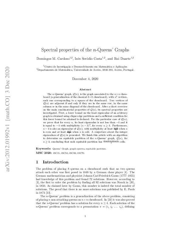 (PDF) Spectral properties of the $n$-Queens' Graphs