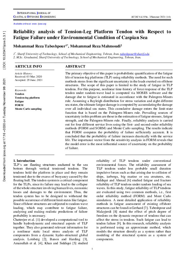 (PDF) Reliability analysis of Tension-Leg Platform Tendon with Respect ...