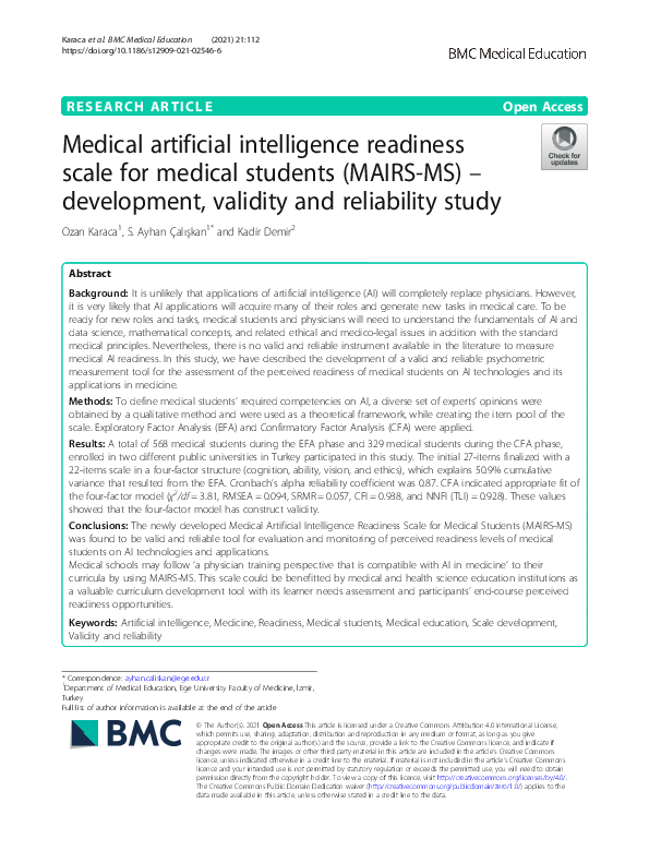 (PDF) Medical artificial intelligence readiness scale for medical students (MAIRS-MS ...