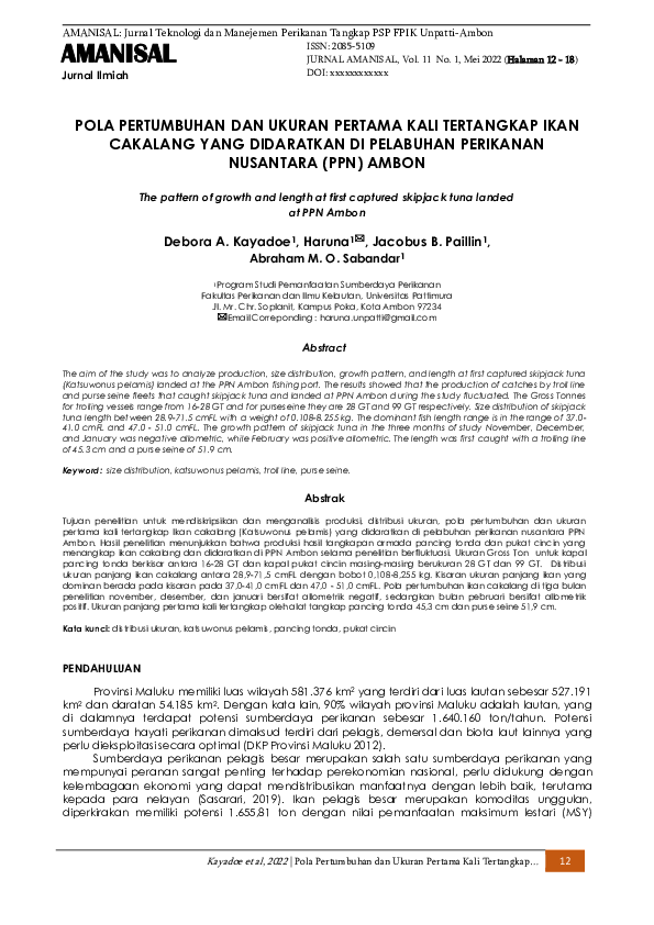 (PDF) Pola Pertumbuhan Dan Ukuran Pertama Kali Tertangkap Ikan Cakalang Yang Didaratkan DI ...