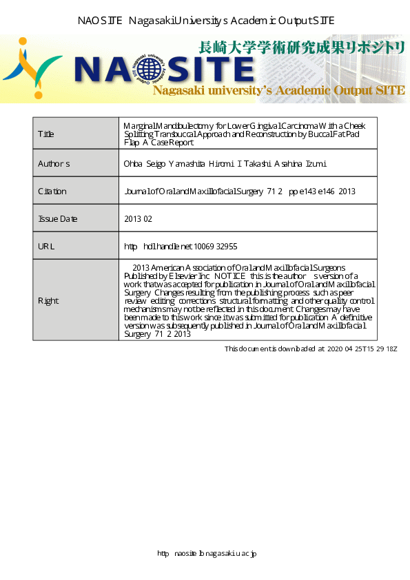 (PDF) Marginal Mandibulectomy for Lower Gingival Carcinoma With a Cheek ...