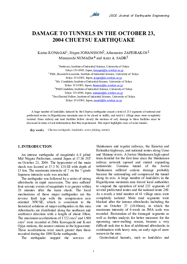 (PDF) Damage to Tunnels in the October 23, 2004 Chuetsu Earthquake