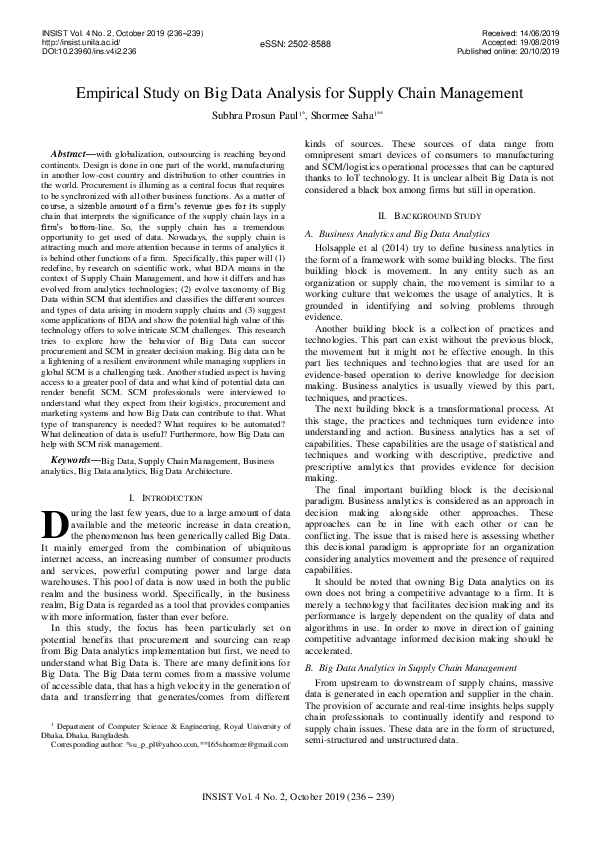(PDF) Empirical Study on Big Data Analysis for Supply Chain Management