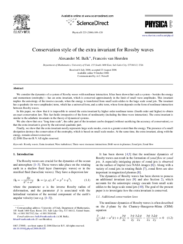 (PDF) Conservation style of the extra invariant for Rossby waves