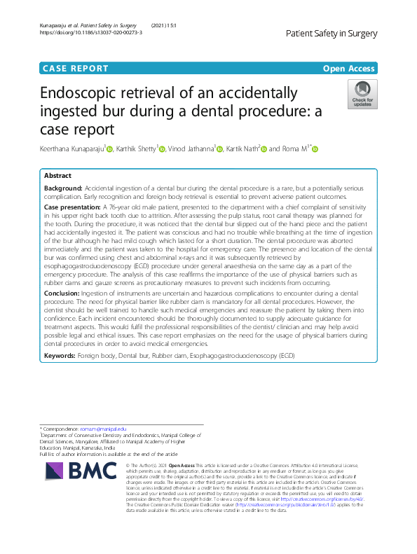 (PDF) Endoscopic retrieval of an accidentally ingested bur during a ...