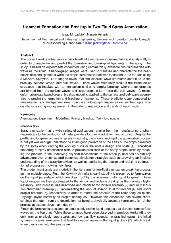 (PDF) Ligament Formation and Breakup in Two-Fluid Spray Atomization