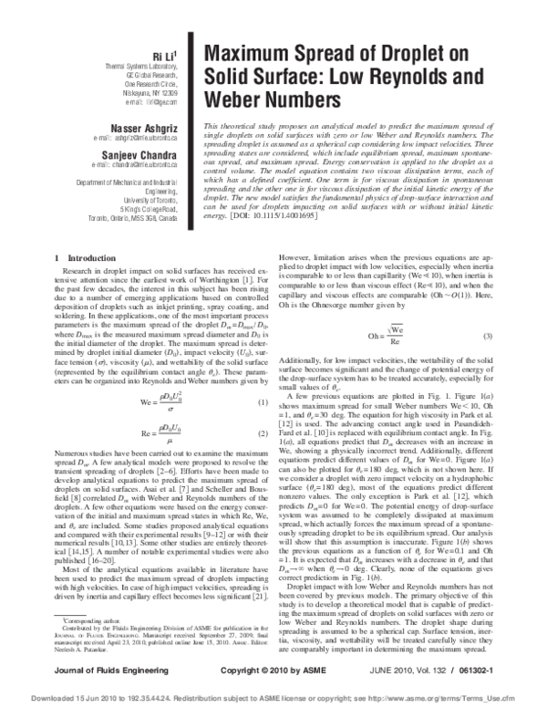 (PDF) Maximum Spread of Droplet on Solid Surface: Low Reynolds and ...