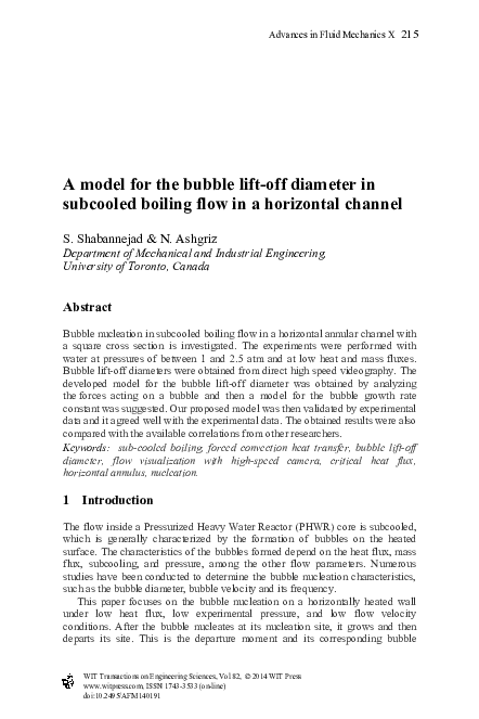 (PDF) A model for the bubble lift-off diameter in subcooled boiling flow in a horizontal channel
