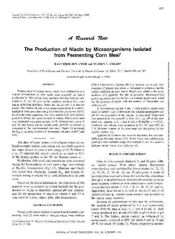 (PDF) The Production of Niacin by Microorganisms Isolated from Fermenting Corn Meal