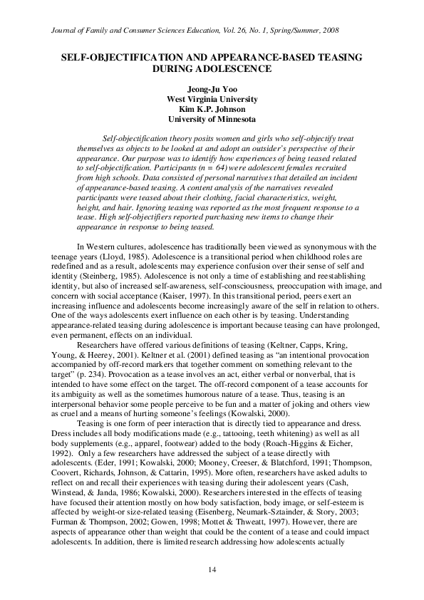 (PDF) Self-objectification and appearance-based teasing during adolescence