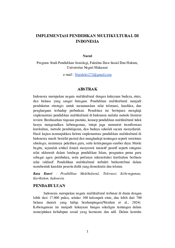 (PDF) IMPLEMENTASI PENDIDIKAN MULTIKULTURAL DI INDONESIA Nurul