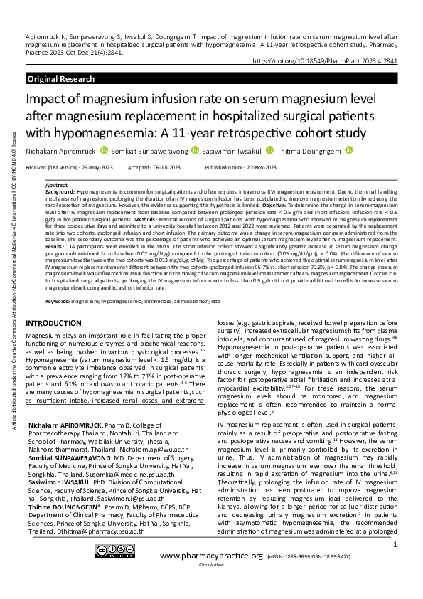 (PDF) Impact of magnesium infusion rate on serum magnesium level after ...