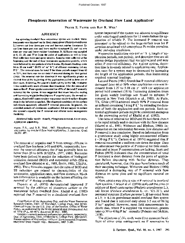 (PDF) Phosphorus Renovation of Wastewater by Overland Flow Land Application
