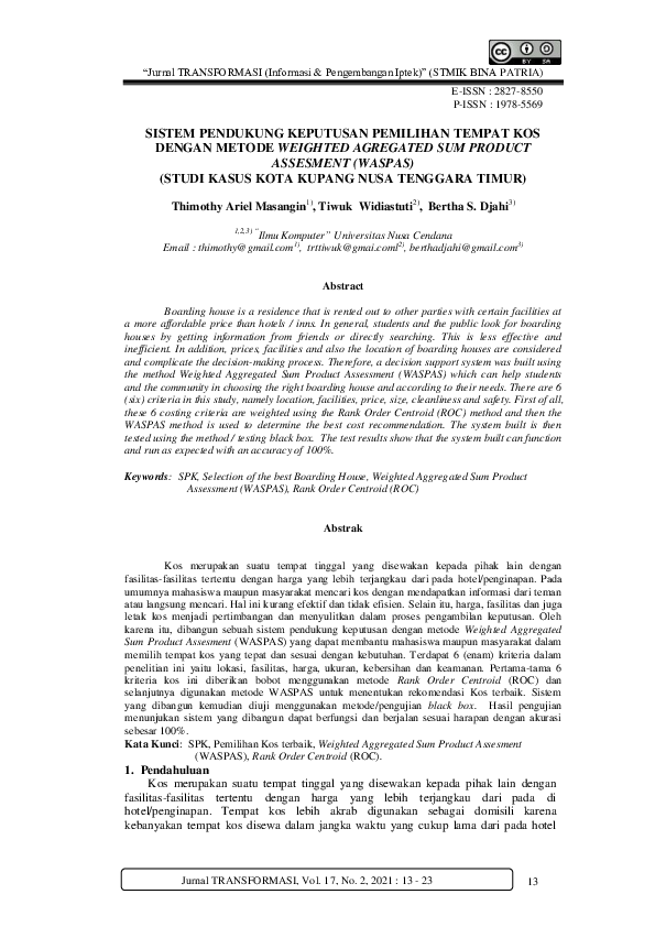 (PDF) Sistem Pendukung Keputusan Pemilihan Tempat Kos Dengan Metode Weighted Agregated Sum ...