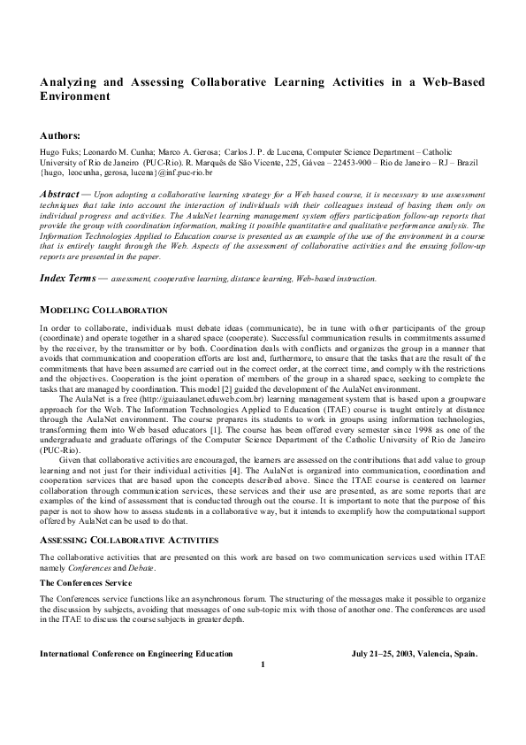 (PDF) Analyzing and Assessing Collaborative Learning Activities in a Web-Based Environment