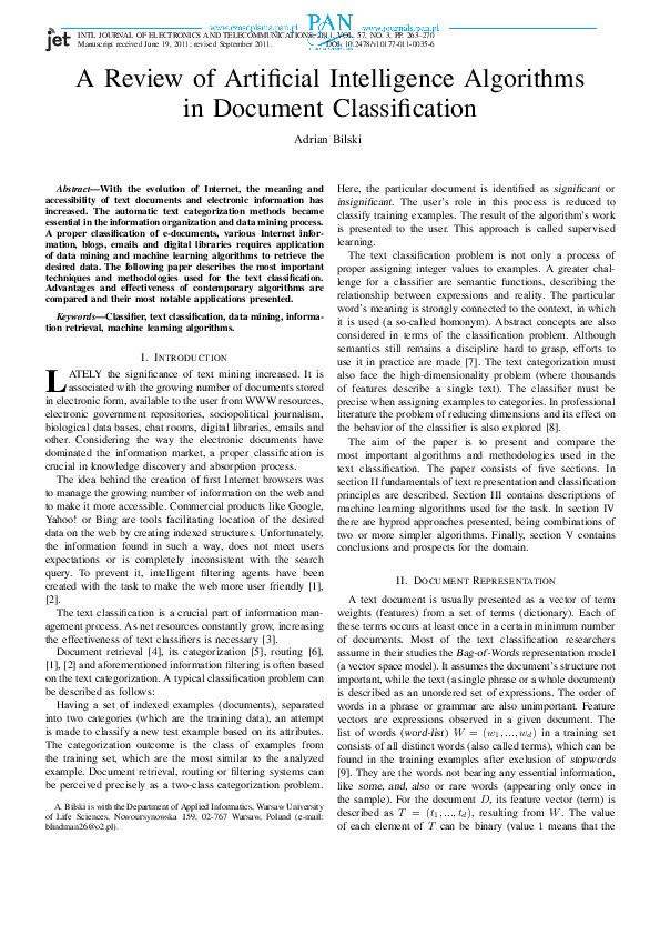 (PDF) A Review of Artificial Intelligence Algorithms in Document Classification
