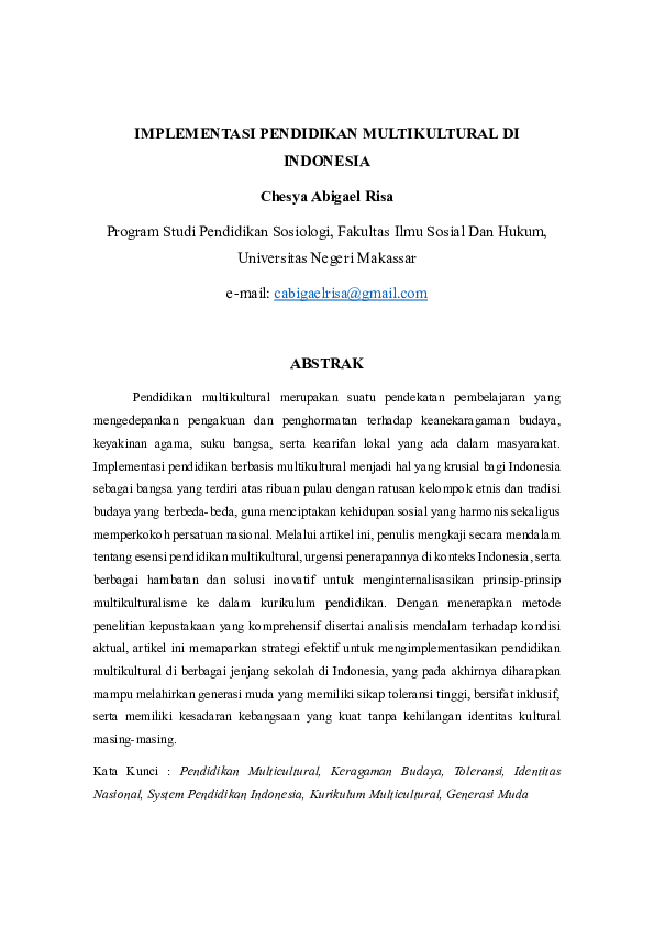 (PDF) IMPLEMENTASI PENDIDIKAN MULTIKULTURAL DI INDONESIA