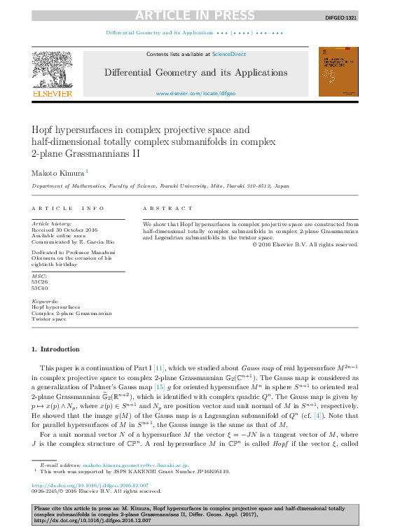 (PDF) Hopf hypersurfaces in complex projective space and half ...