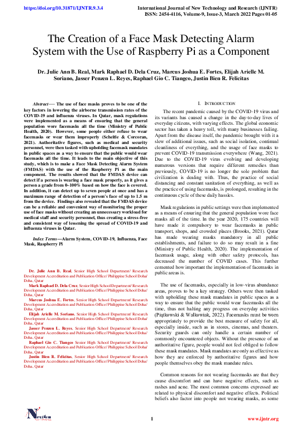(PDF) The Creation of a Face Mask Detecting Alarm System with the Use of Raspberry Pi as a Component