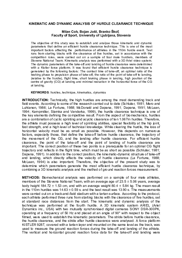 (PDF) Kinematic and Dynamic Analysis of Hurdle Clearance Technique