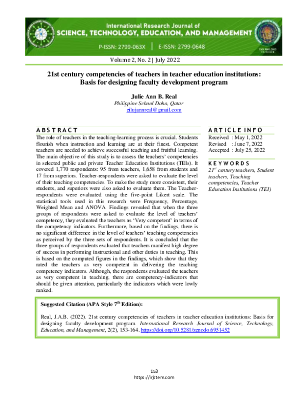 (PDF) 21st century competencies of teachers in teacher education institutions: Basis for ...