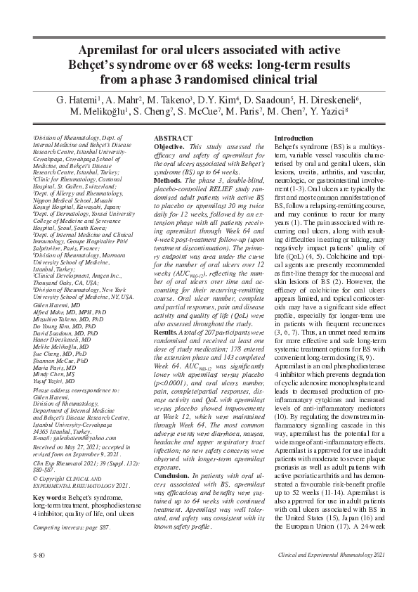 (PDF) Apremilast for oral ulcers associated with active Behçet's ...