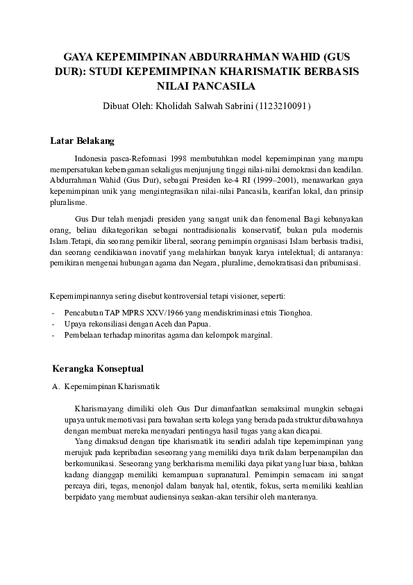 (PDF) GAYA KEPEMIMPINAN ABDURRAHMAN WAHID (GUS DUR): STUDI KEPEMIMPINAN KHARISMATIK BERBASIS ...