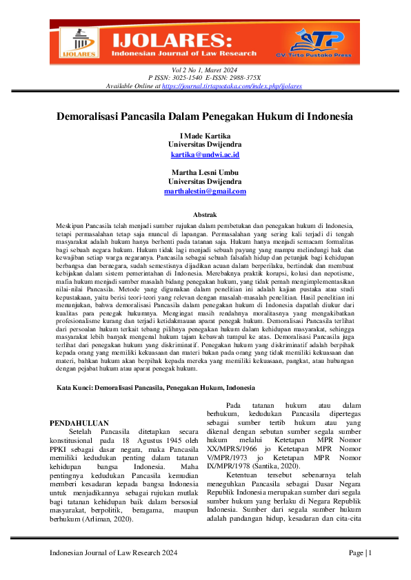 (PDF) Demoralisasi Pancasila Dalam Penegakan Hukum di Indonesia