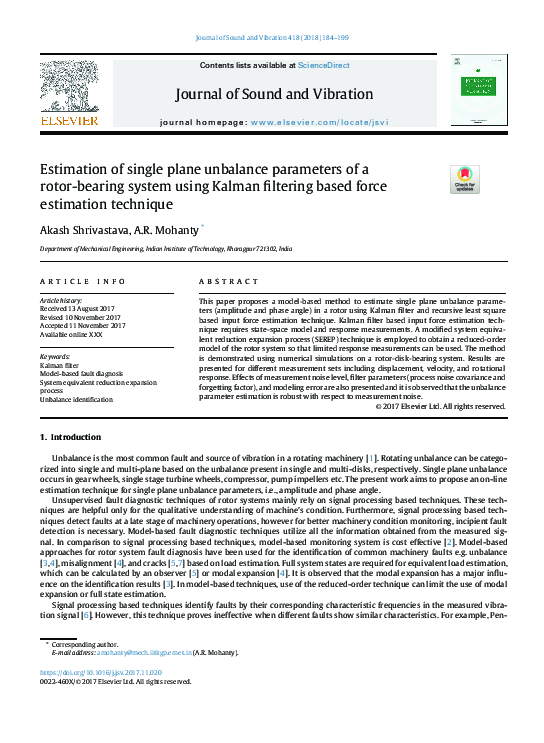 Pdf Estimation Of Single Plane Unbalance Parameters Of A Rotor Bearing System Using Kalman