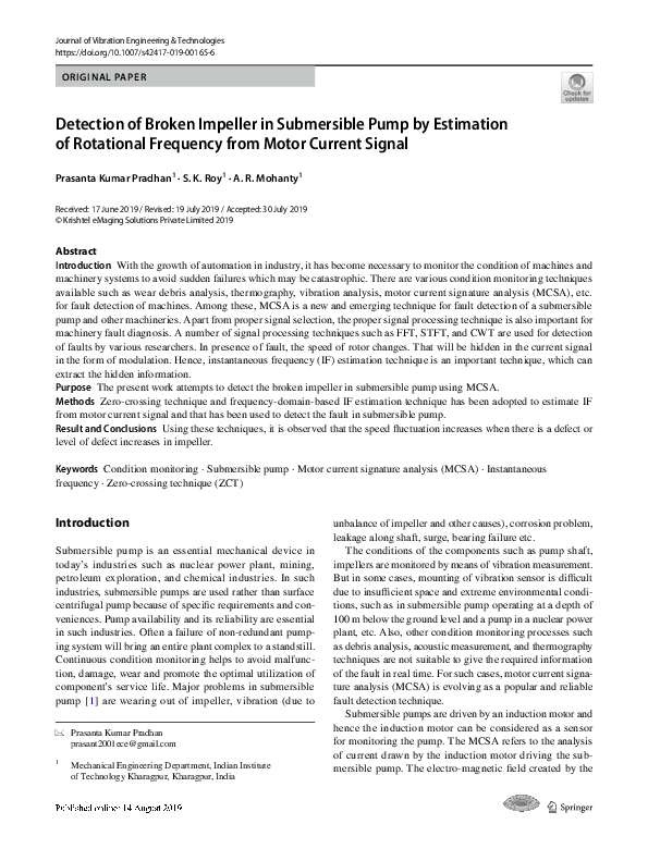 (PDF) Detection of Broken Impeller in Submersible Pump by Estimation of ...