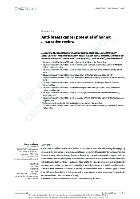 (PDF) Anti-breast cancer potential of honey: A narrative review