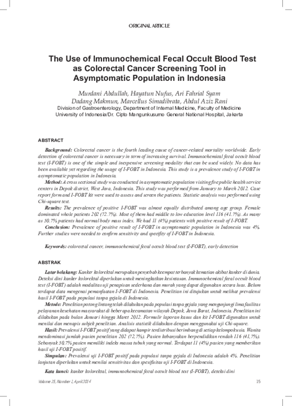 (PDF) The Use of Immunochemical Fecal Occult Blood Test as Colorectal ...