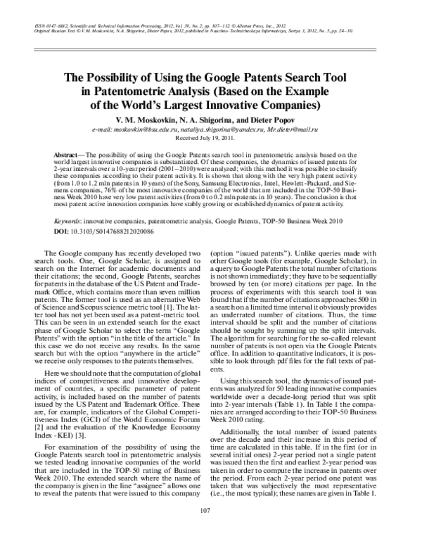 (PDF) The possibility of using the Google Patents search tool in patentometric analysis (based ...