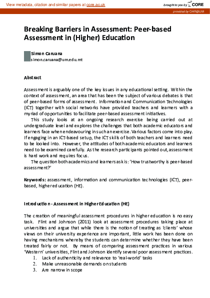 (PDF) Breaking barriers in assessment: peer-based assessment in (Higher ...