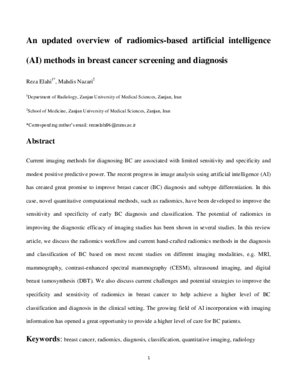 (PDF) An updated overview of radiomics-based artificial intelligence (AI) methods in breast ...