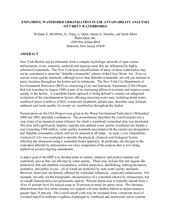 (PDF) Exploring Watershed Urbanization in Use Attainability Analyses of ...